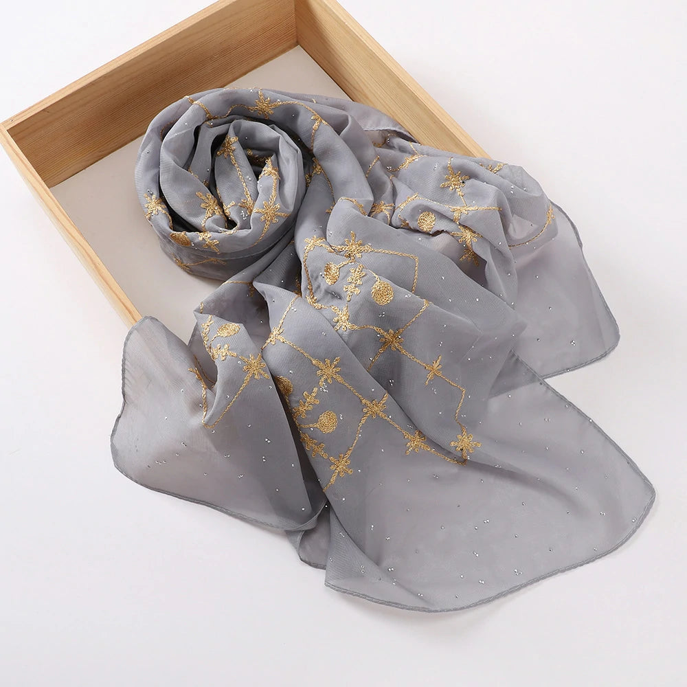 Wholesale Sparkle Shimmer Hijab Luxury Gold Embroidered Chiffon ScarfG ...